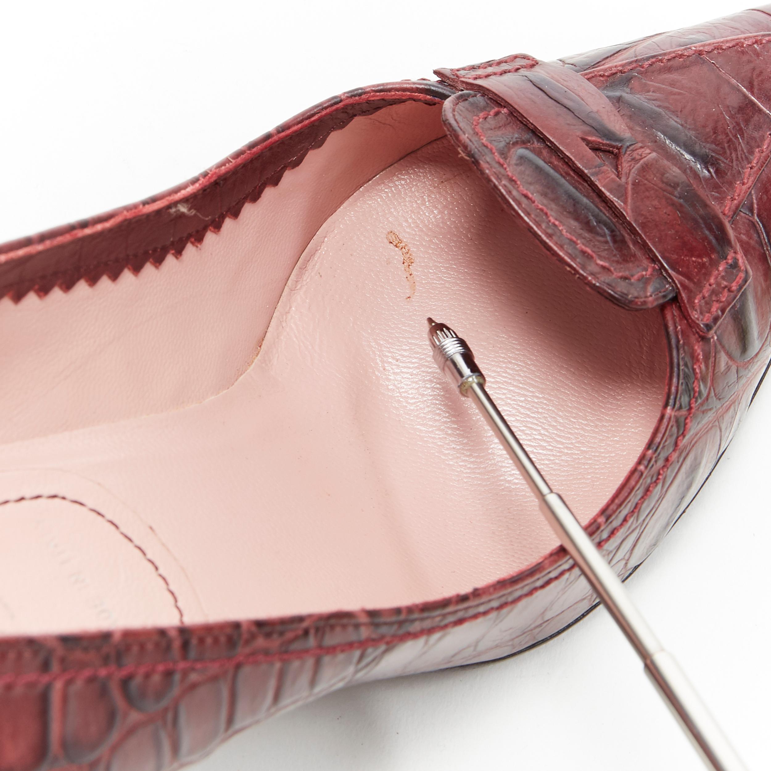 MIU MIU burgundy red mock stamped croc leather pointy toe loafer heel ...