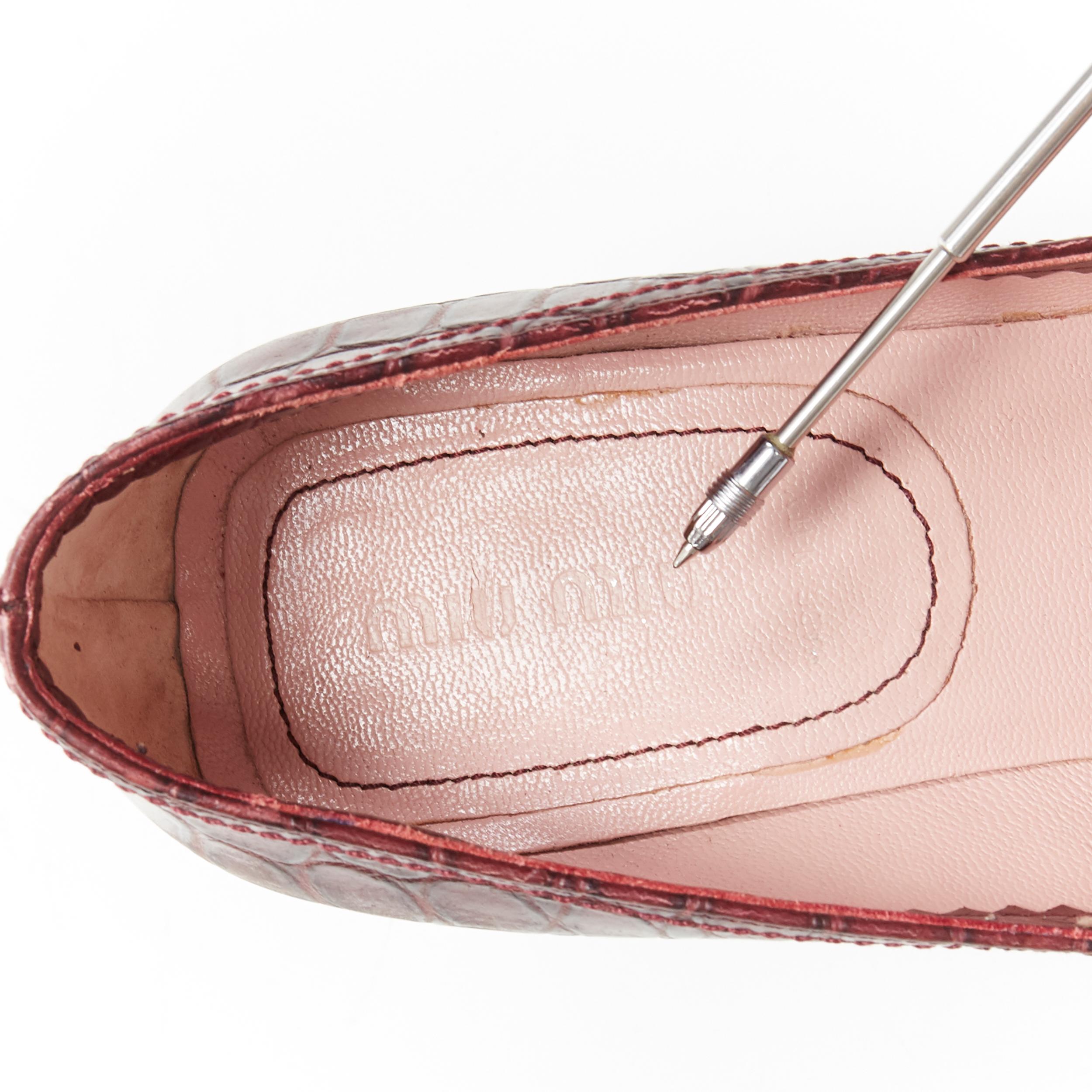 MIU MIU burgundy red mock stamped croc leather pointy toe loafer heel ...