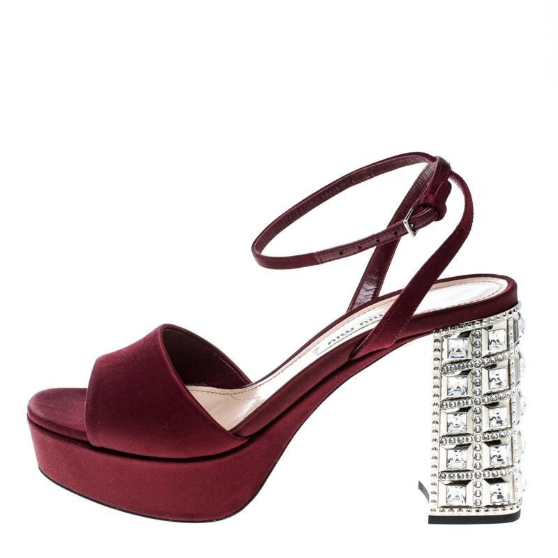 Miu Miu Burgundy Satin Crystal Embellished Block Heel Ankle Strap Sandals Size36 For Sale at 1stDibs