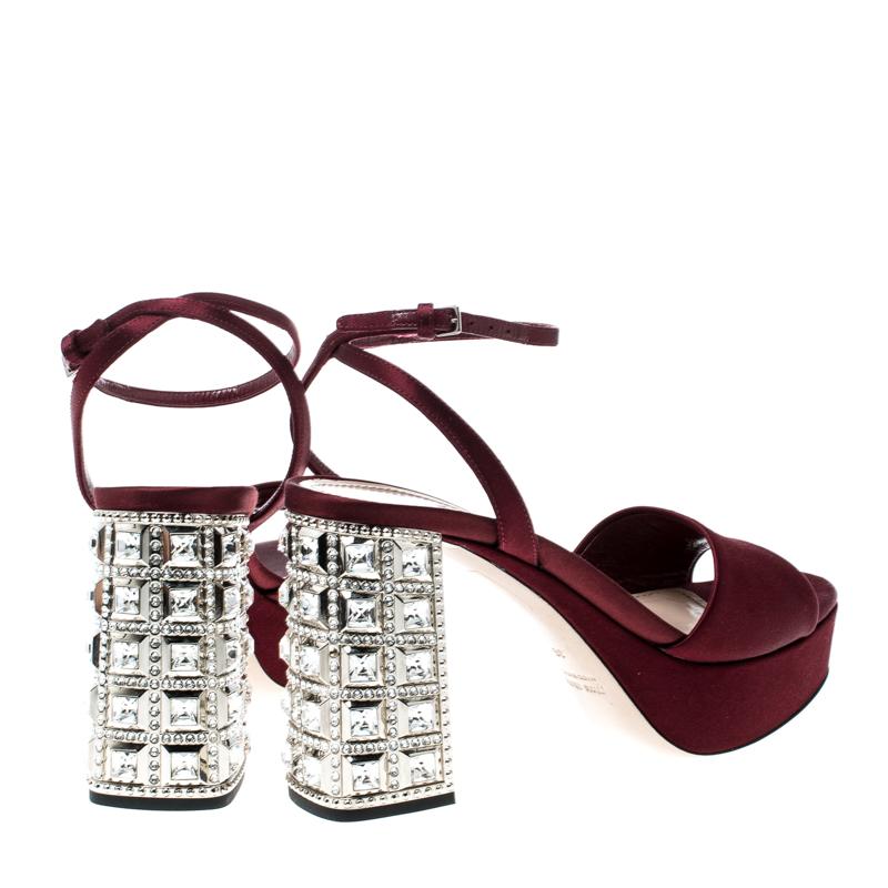 Miu Miu Burgundy Satin Crystal Embellished Block Heel Ankle Strap Sandals Size36 For Sale at 1stDibs