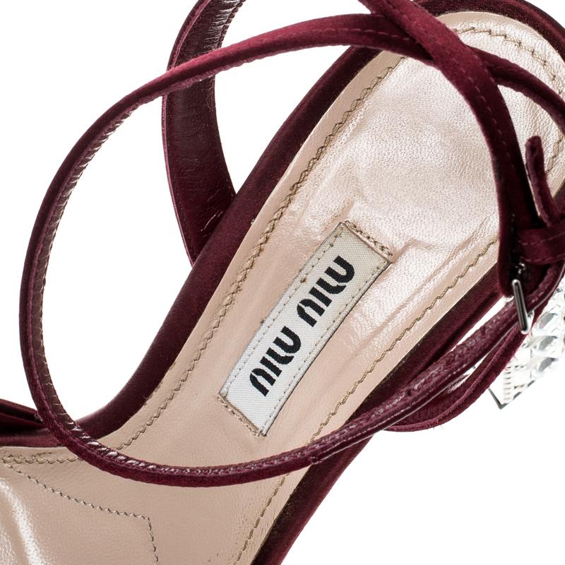 Miu Miu Burgundy Satin Crystal Embellished Block Heel Ankle Strap Sandals Size36 For Sale at 1stDibs