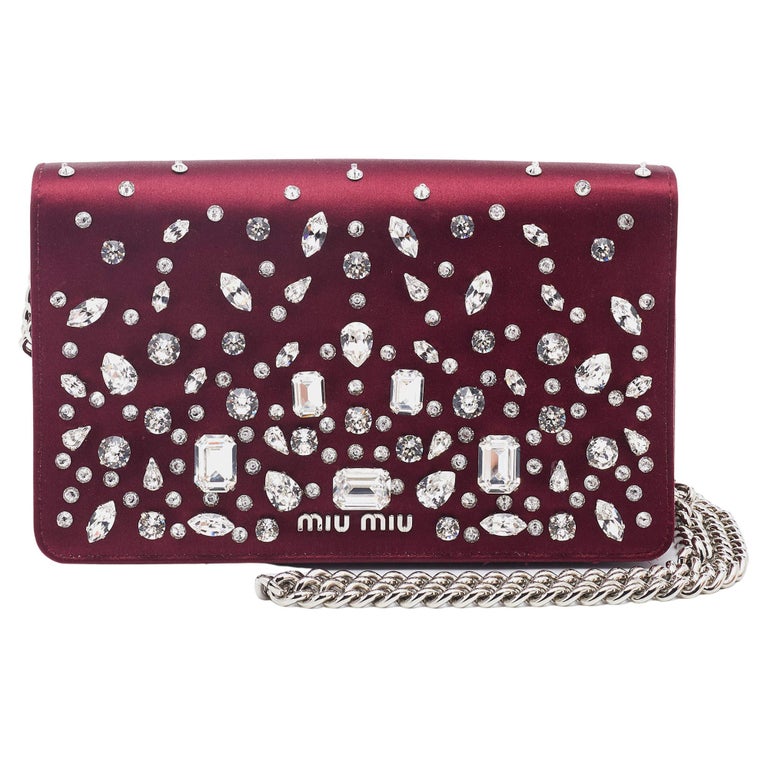 Miu Miu Burgundy Satin Crystal Embellished Chain Handbag For Sale at ...