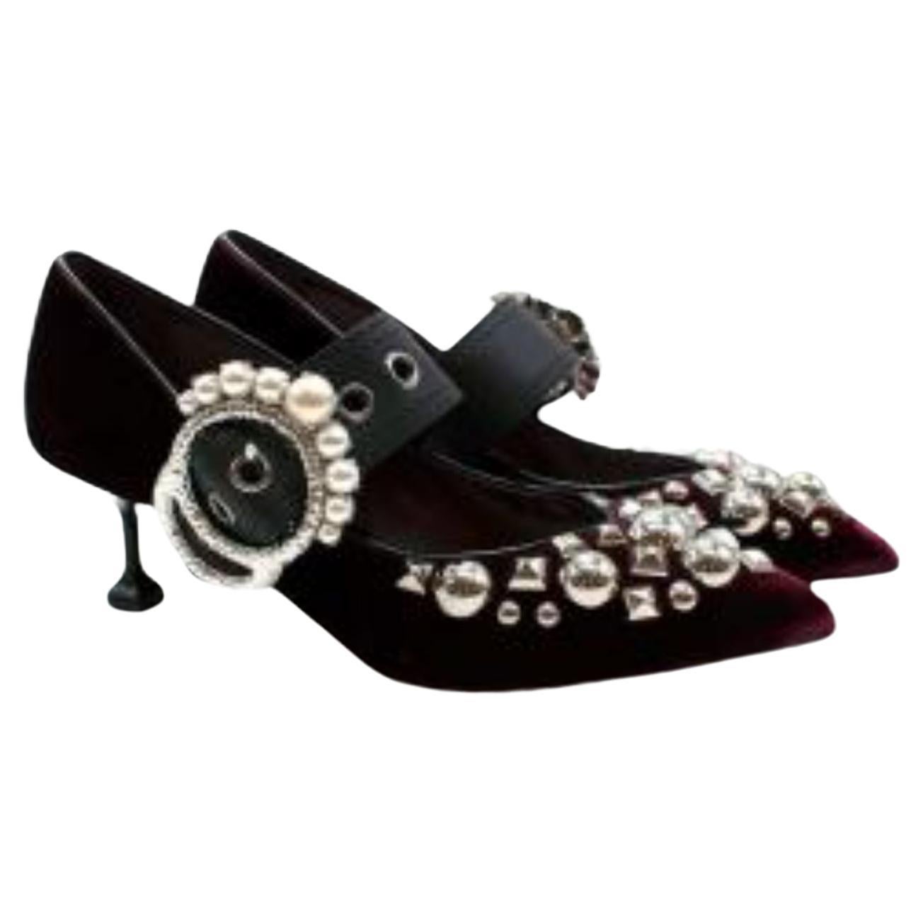 Miu Miu Burgundy Velvet Embellished Kitten Heel Mary Jane Pumps For ...