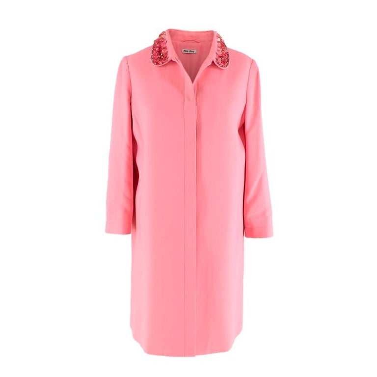 Miu Miu Candy Pink Cady Dress Coat with Sequin Embellished Collar For ...