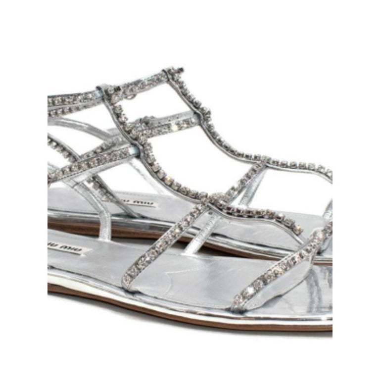 Miu Miu Crystal Embellished Silver Leather Flat Sandals For Sale at 1stDibs