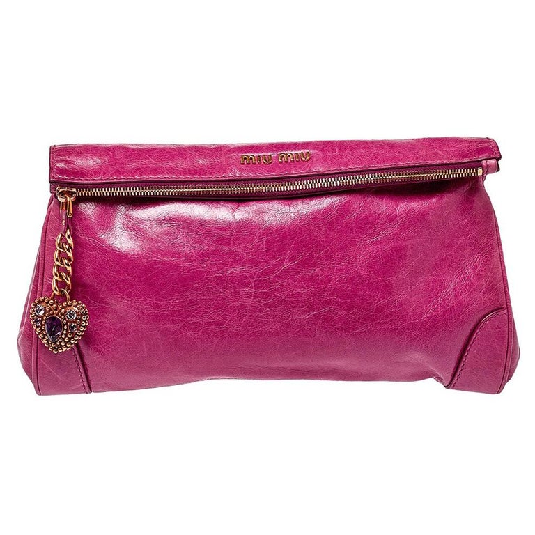 Miu Miu Fuchsia Crinkled Leather Clutch at 1stDibs