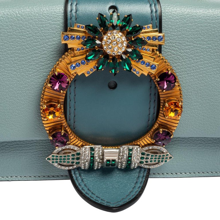 Miu Miu Madras Leather Crystal Embellished Buckle Flap Shoulder Bag For ...