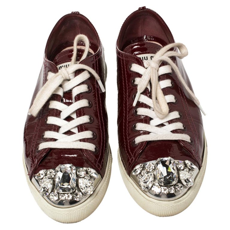 Miu Miu Maroon Patent Leather Crystal Embellished Low Top Sneakers Size 36 at 1stDibs
