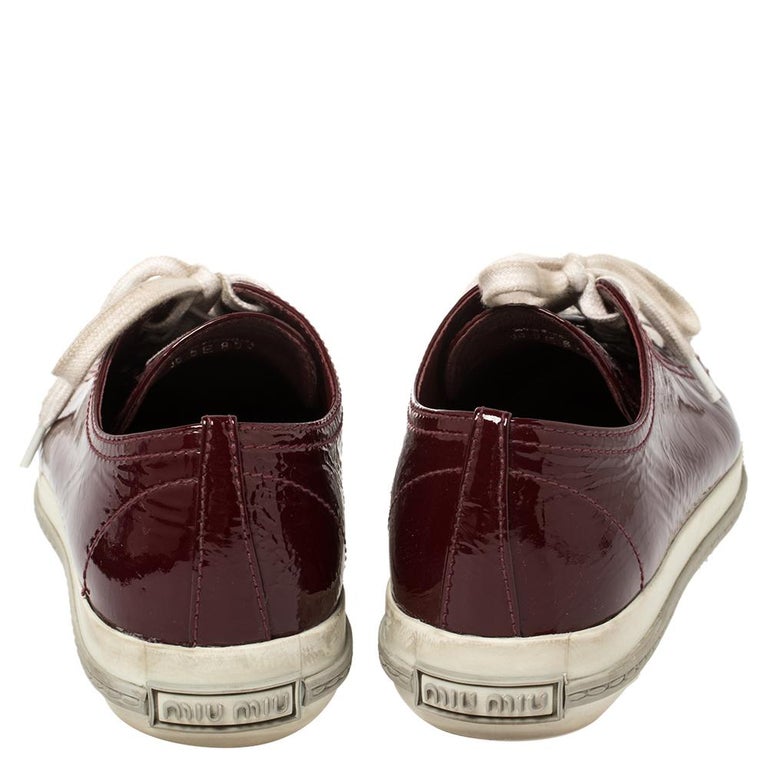 Miu Miu Maroon Patent Leather Crystal Embellished Low Top Sneakers Size 36 at 1stDibs