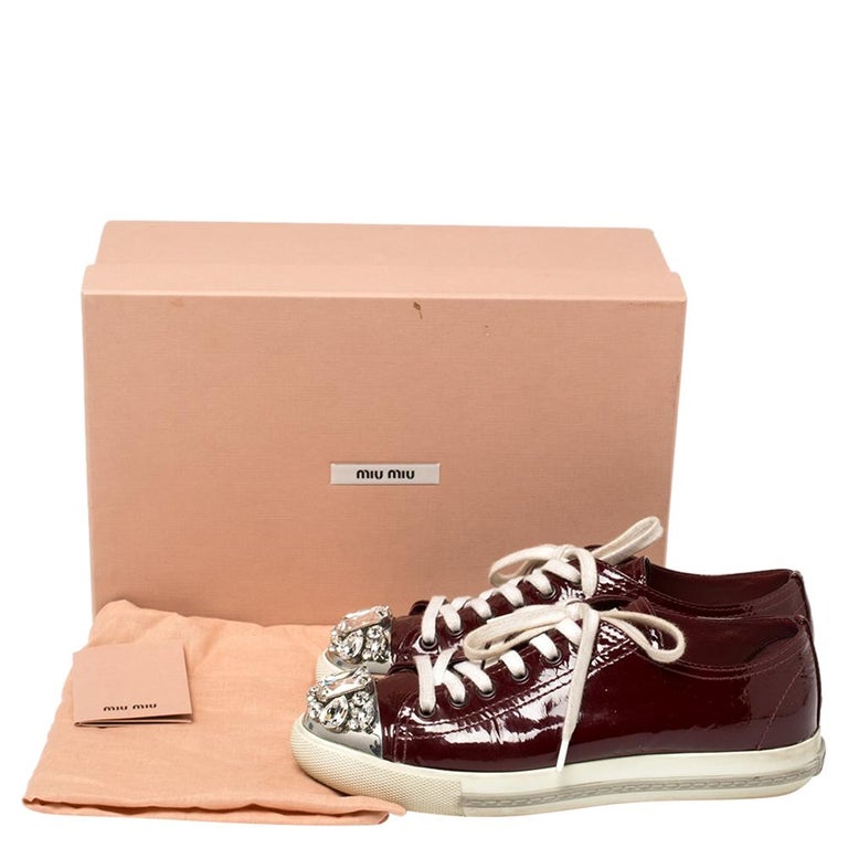 Miu Miu Maroon Patent Leather Crystal Embellished Low Top Sneakers Size 36 at 1stDibs