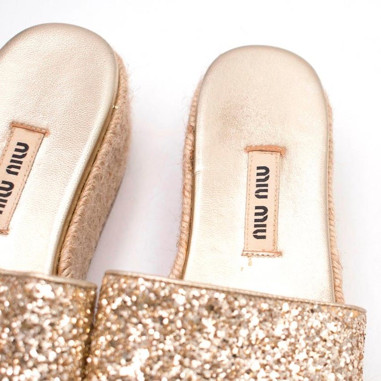 Miu Miu Metallic Gold Glitter Espadrille Platform Slides US 5 For Sale ...