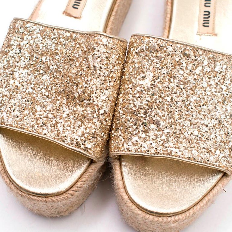 Miu Miu Metallic Gold Glitter Espadrille Platform Slides US 5 For Sale ...