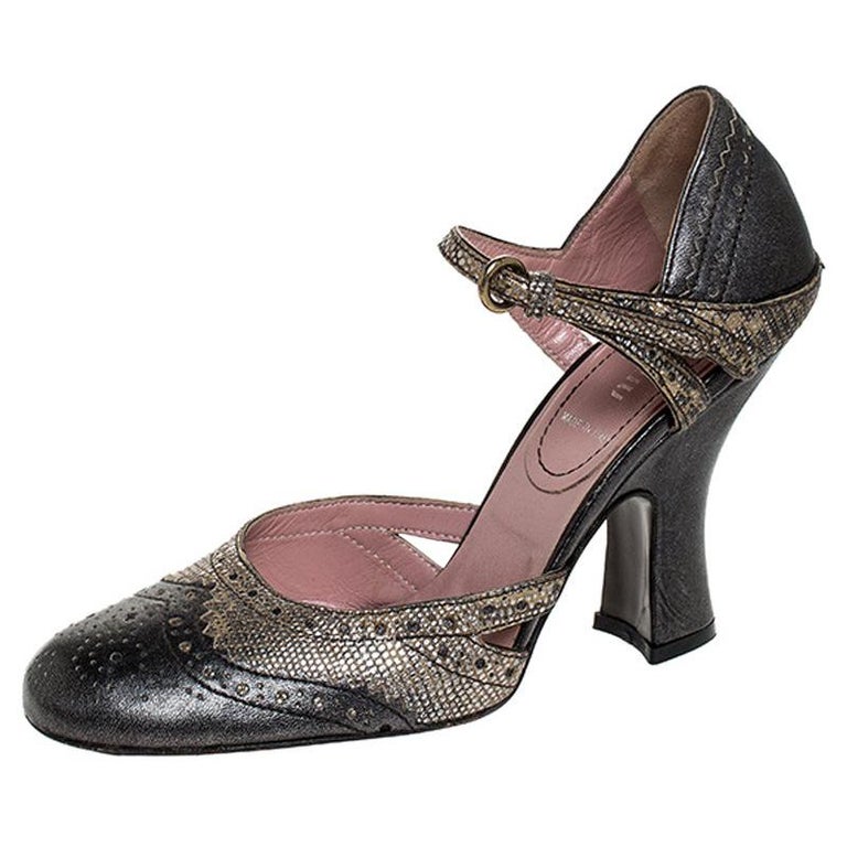 Miu Miu Metallic Grey/Silver Brogue Leather D'Orsay Strap Pumps Size 36 ...