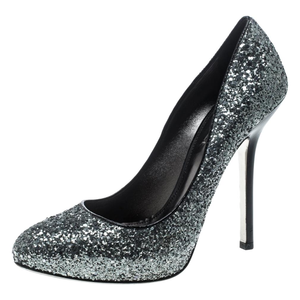 Miu Miu Metallic Silver Coarse Glitter Platform Pumps Size 39 For Sale ...