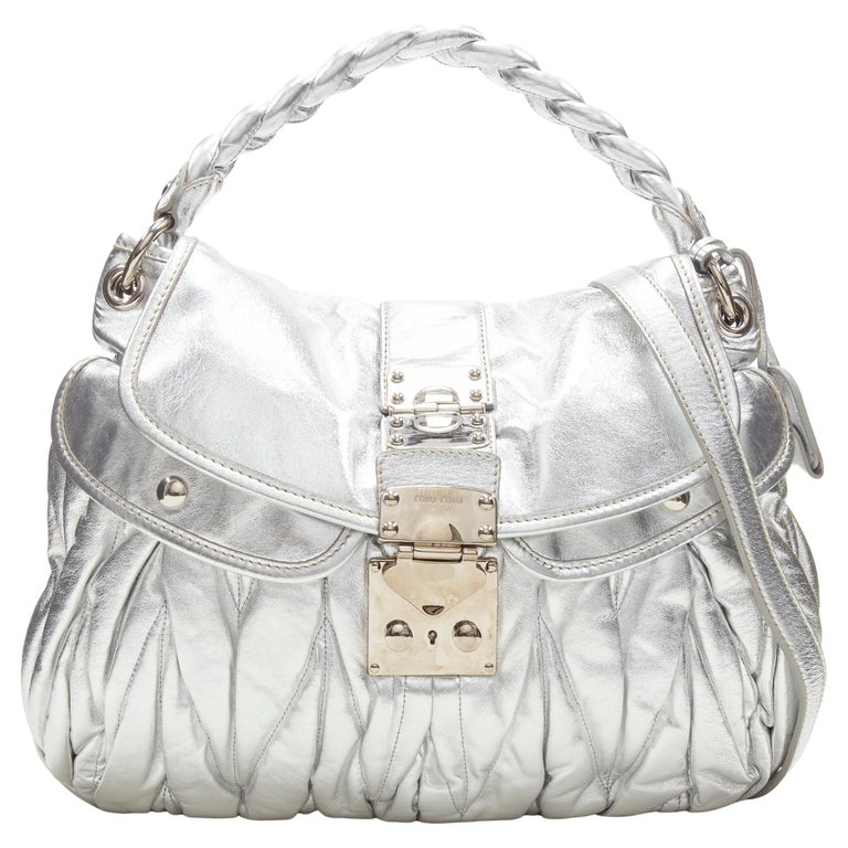 MIU MIU metallic silver Matelasse pleated push lock flap braided handle ...