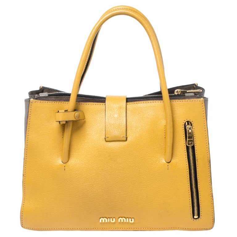 Miu Miu Mustard Madras Leather Push Lock Tote at 1stDibs