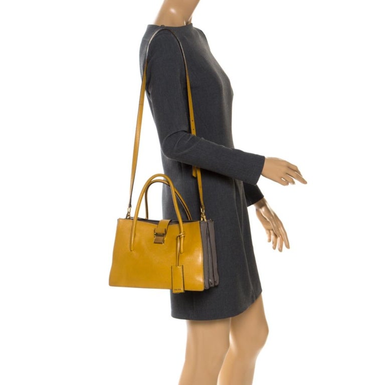 Miu Miu Mustard Madras Leather Push Lock Tote at 1stDibs