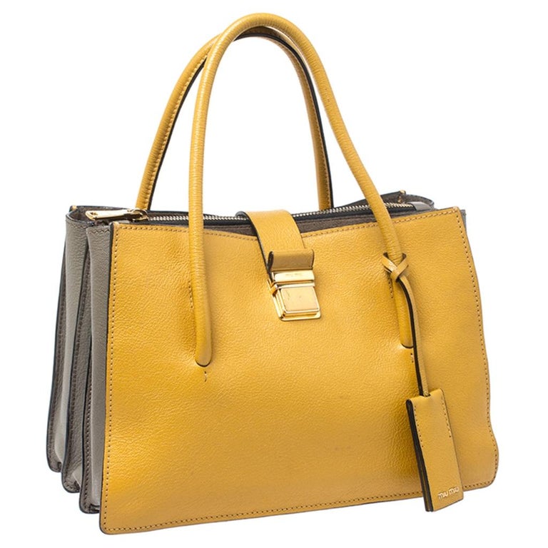 Miu Miu Mustard Madras Leather Push Lock Tote at 1stDibs