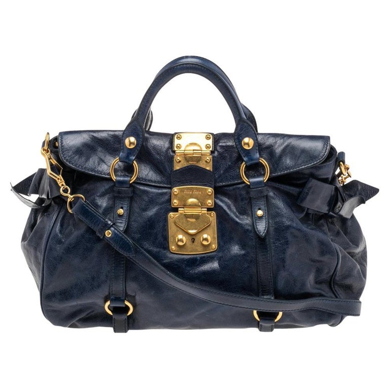 Miu Miu Navy Blue Vitello Lux Leather Bow Satchel at 1stDibs