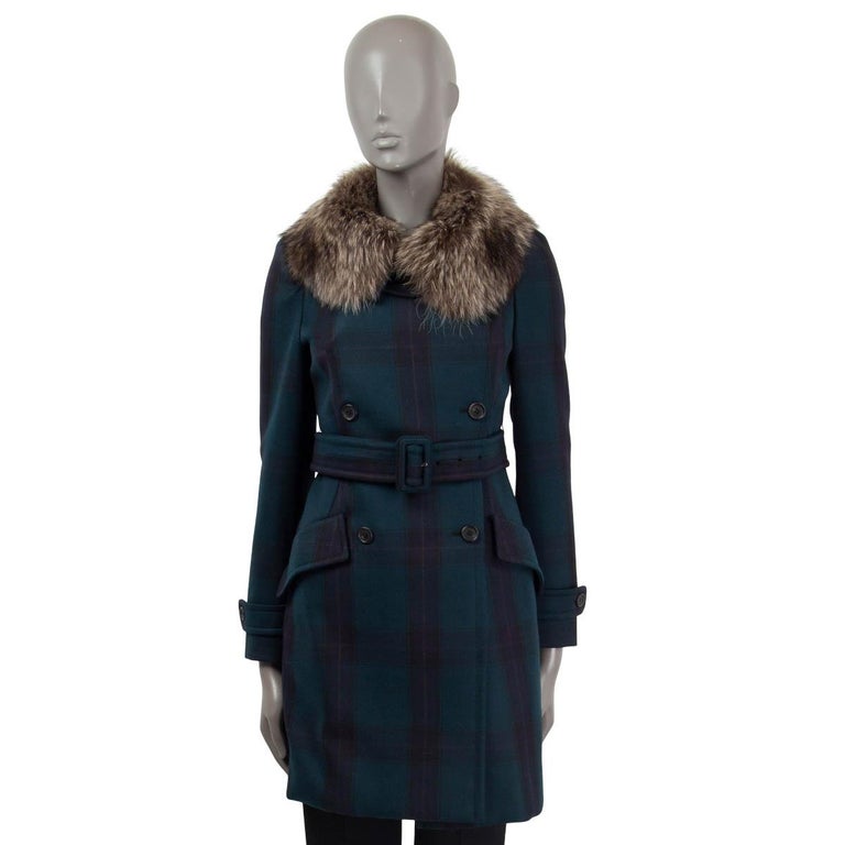 MIU MIU petrol blue wool TARTAN CHECK FUR TRIM BELTED Coat Jacket 38 XS ...