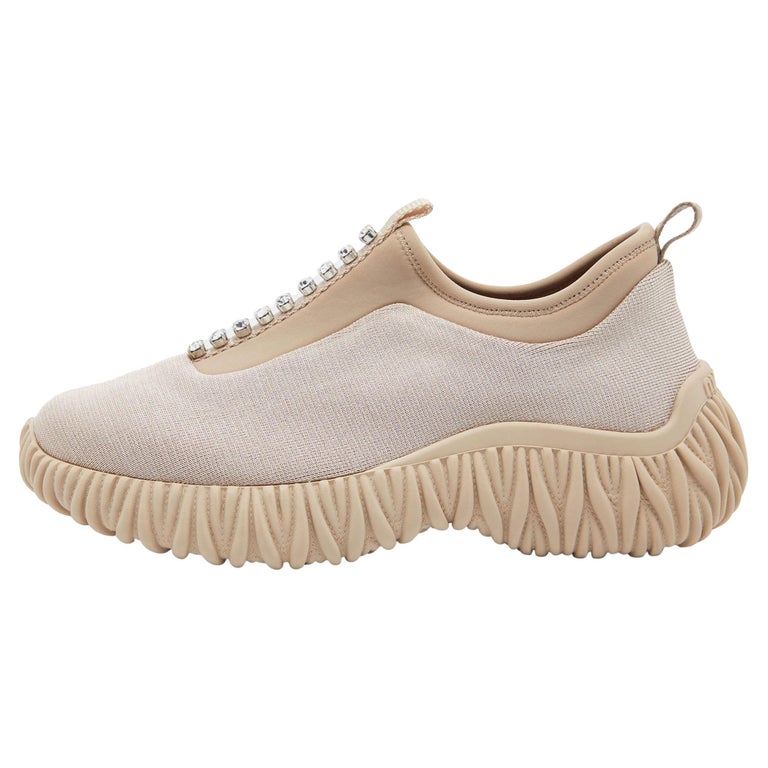 Miu Miu Pink Fabric and Neoprene Crystal Embellished Slip-On Sneakers Size 38 For Sale at 1stDibs