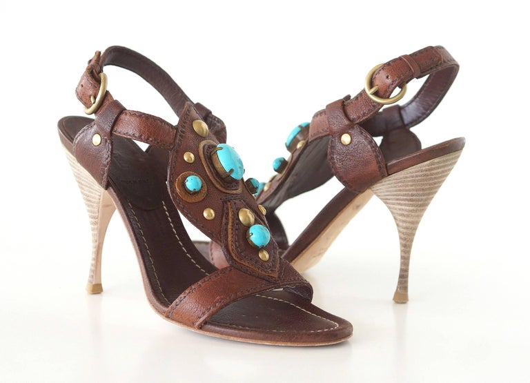 Miu Miu Shoe High Heel Sandal Bold Turquoise Stones 37 / 7 For Sale at ...