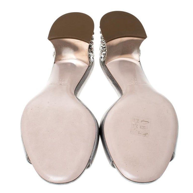 Miu Miu Silver Leather Bow Open Toe Crystal Embellished Heel Sandals Size 39 For Sale at 1stDibs
