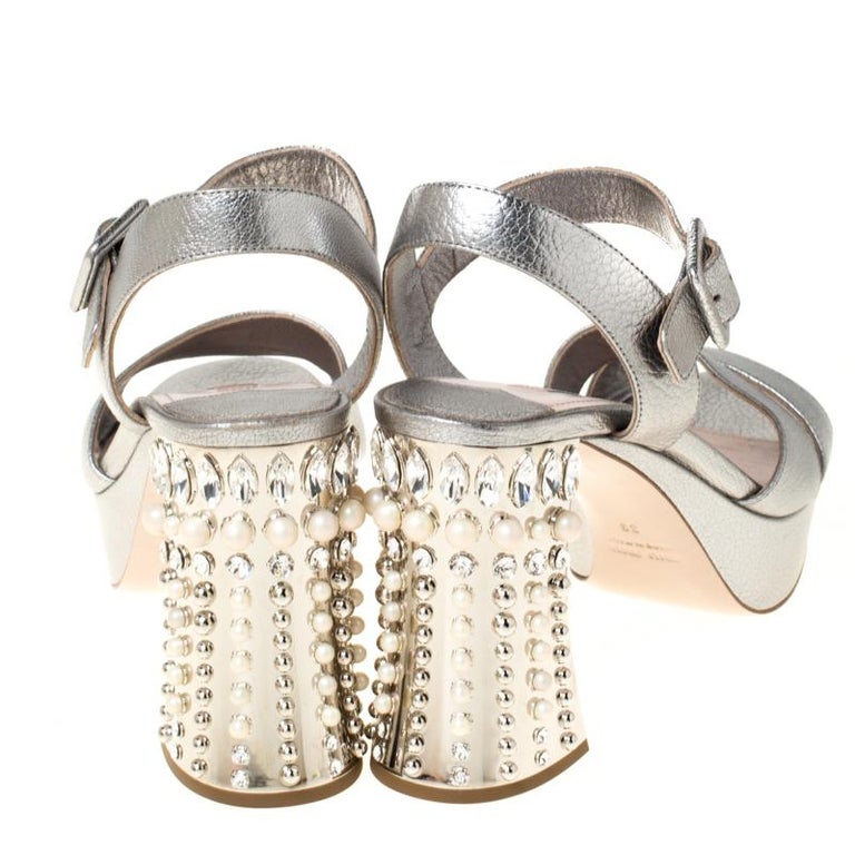 Miu Miu Silver Leather Crystal Embellished Block Heel Ankle Strap Sandals 39 For Sale at 1stDibs ...