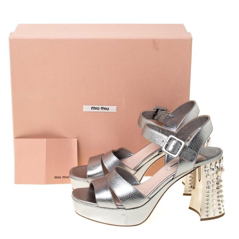 Miu Miu Silver Leather Crystal Embellished Block Heel Ankle Strap Sandals 39 For Sale at 1stDibs ...