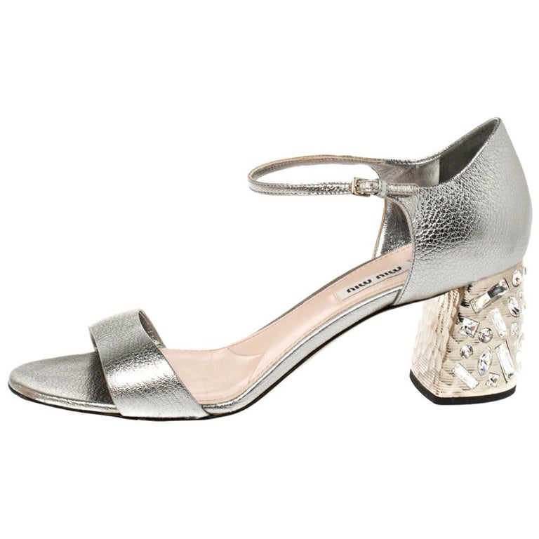 Miu Miu Silver Leather Crystal Embellished Block Heel Sandals Size 41 at 1stDibs