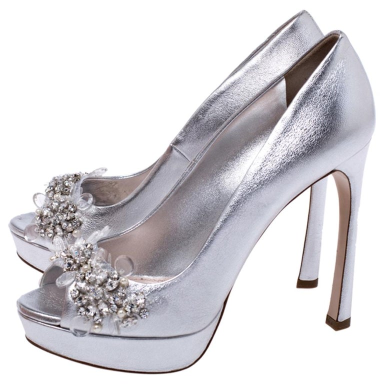 MIu MIu Silver Leather Crystal Embellished Peep Toe Platform Pumps 38.5 For Sale at 1stDibs ...