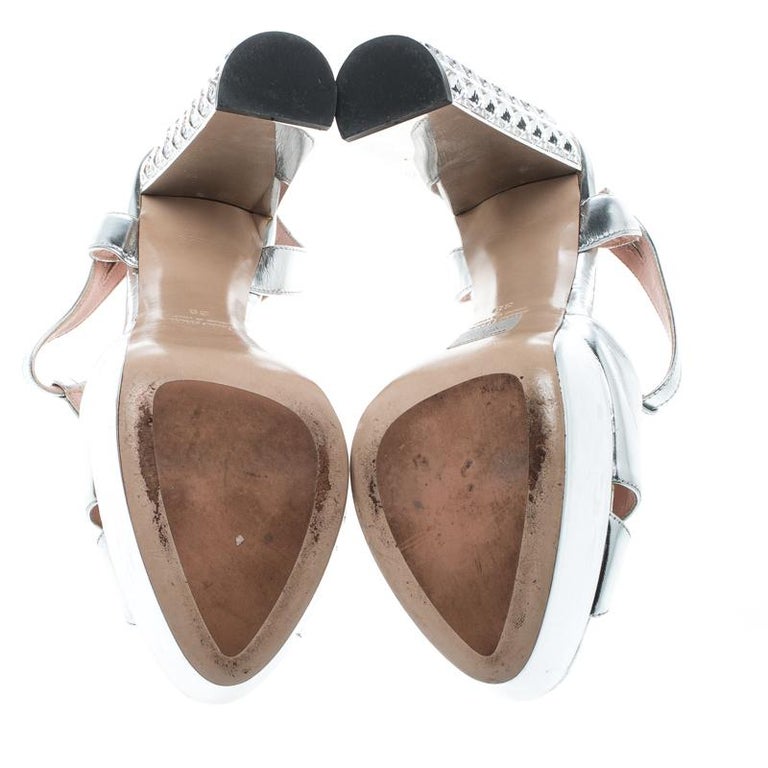 Miu Miu Silver Leather T Strap Crystal Embellished Heel Platform Sandals Size 38 For Sale at 1stDibs