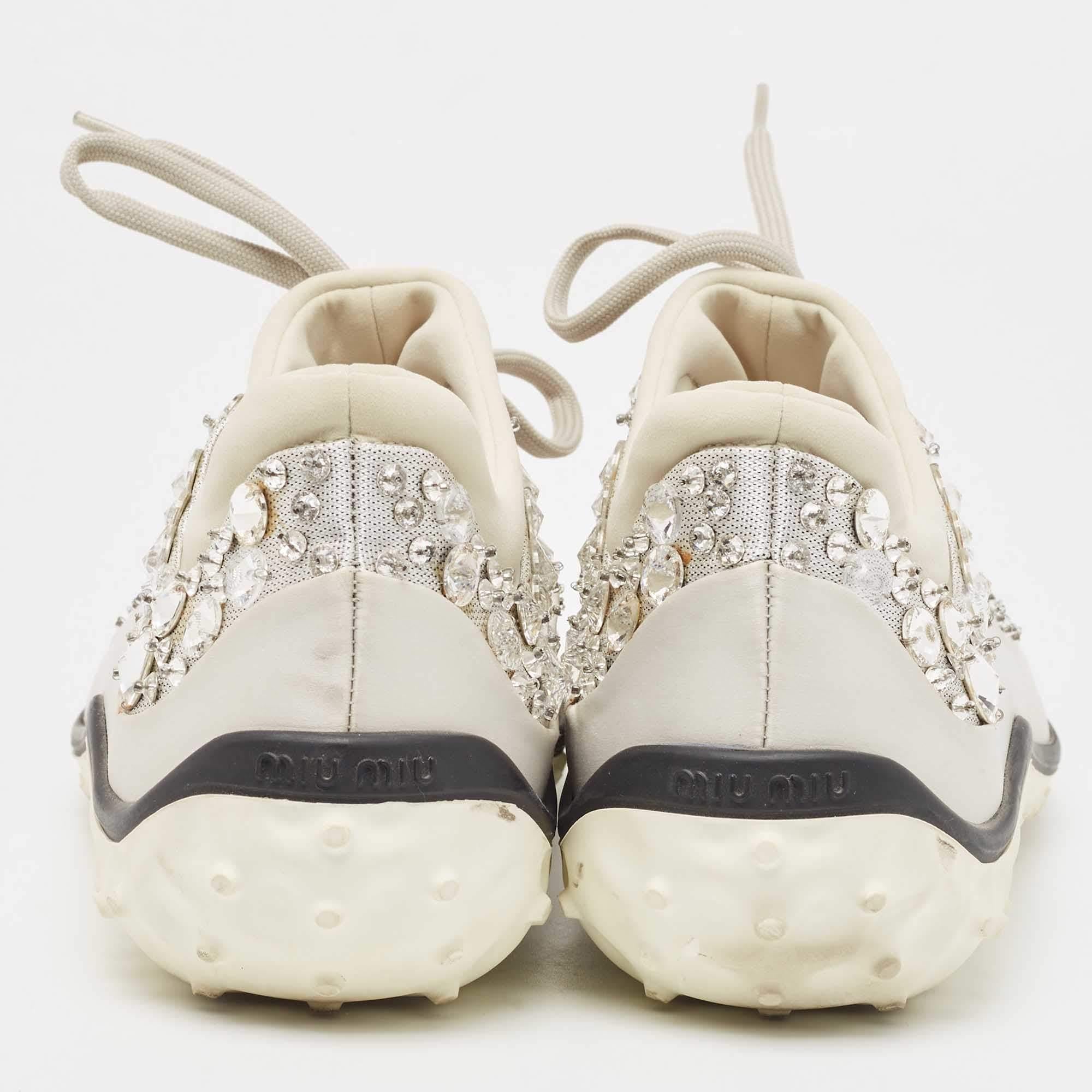 Miu Miu Silver Satin Astro Crystal Embellished Low Top Sneakers Size 39 For Sale at 1stDibs
