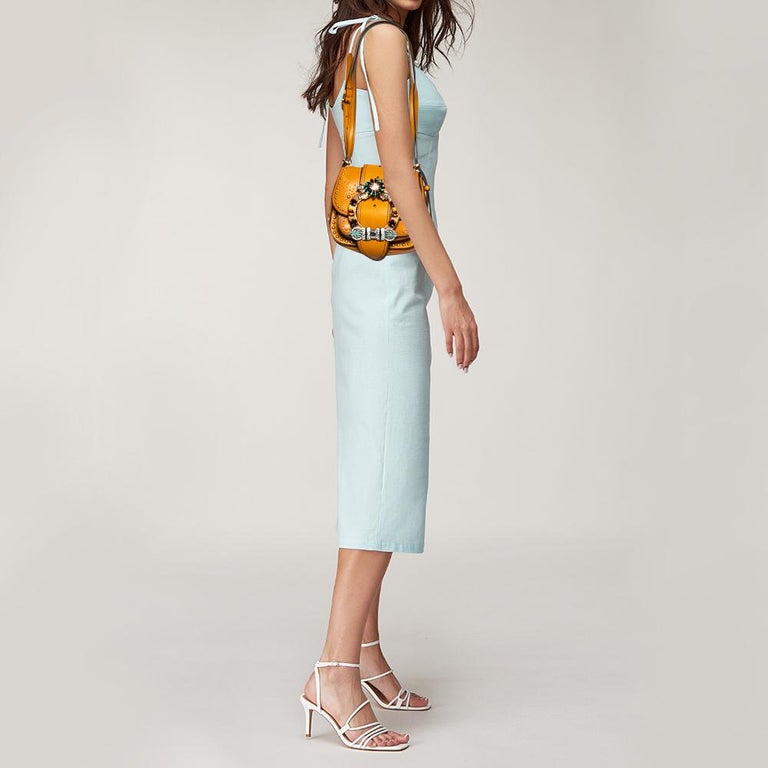 Miu Miu Tan Leather Crystal Embellished Dahlia Shoulder Bag at 1stDibs
