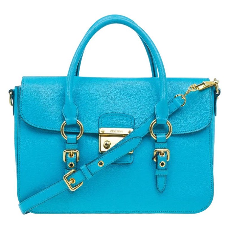 Miu Miu Turquoise Blue Leather Large Madras Flap Satchel Bag For Sale ...