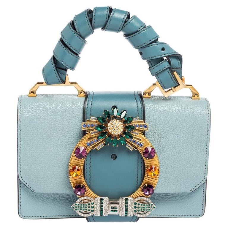Miu Miu Two Tone Blue Leather Crystal Embellished Flap Top Handle Bag ...