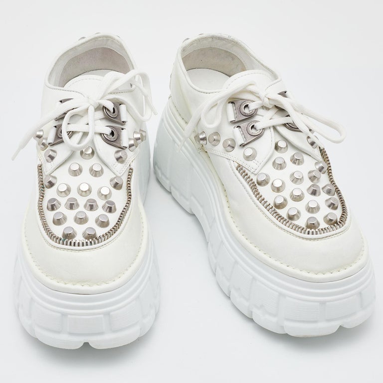 Miu Miu White Leather Embellished Platform Derby Sneakers Size 38.5 For ...