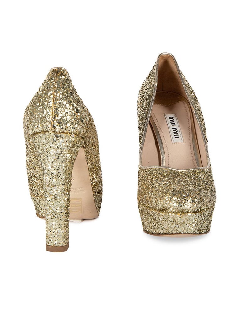 Miu Miu Women's Gold Glitter Platform Heels For Sale at 1stDibs