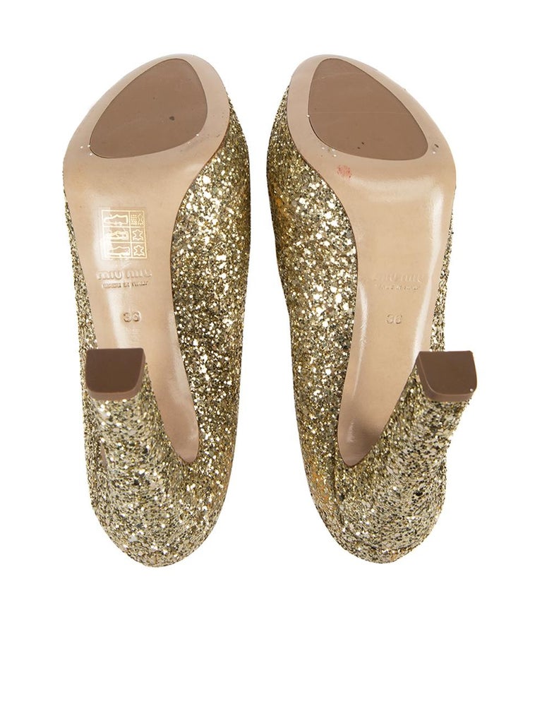 Miu Miu Women's Gold Glitter Platform Heels For Sale at 1stDibs