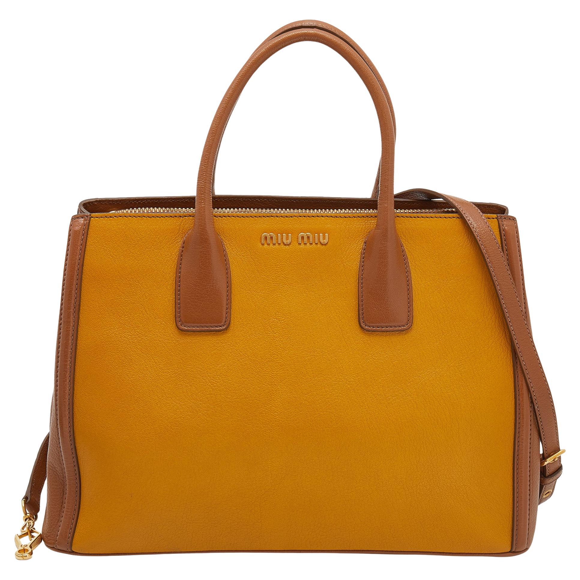 Miu Miu Mustard Leather Medium Madras Tote at 1stDibs