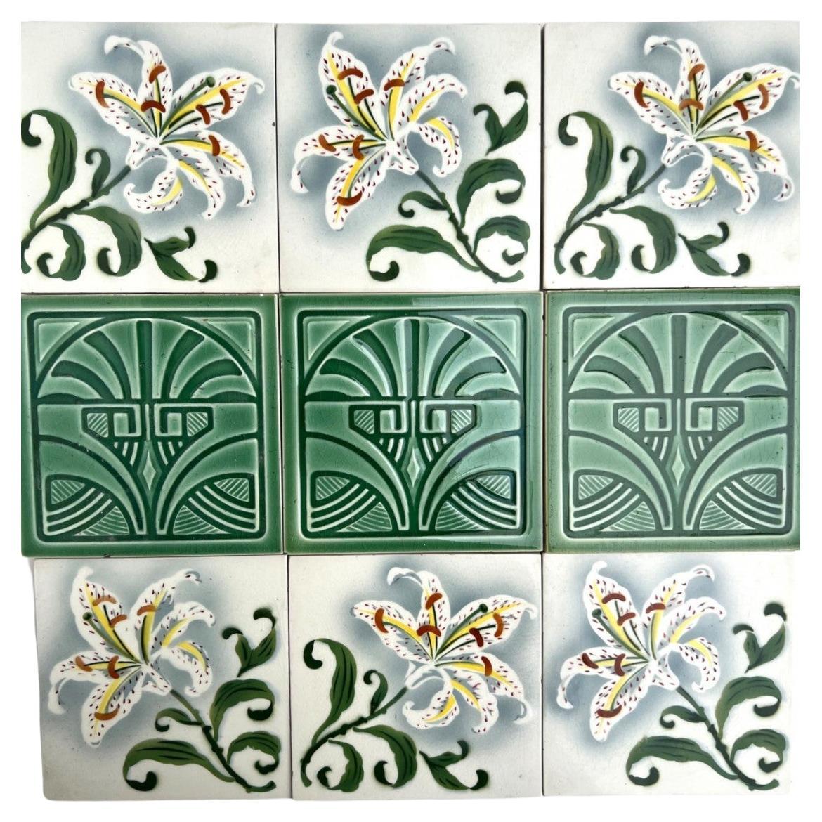 Set of 9 Glazed Art Deco Relief Tiles, Muster, 1930s For Sale at 1stDibs