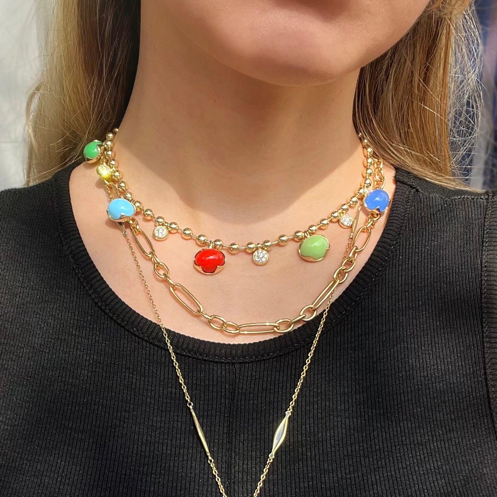Mixed Colored Stone and Diamond 18k Yellow Gold Necklace For Sale at ...