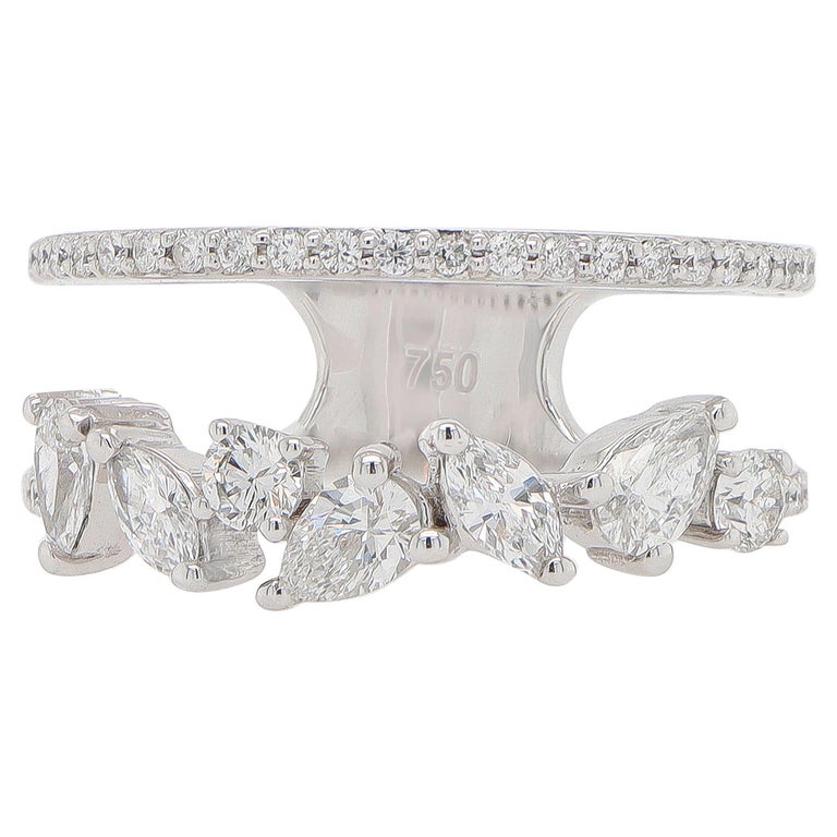 Mixed Cut Diamond Ring with Double Band Look 18K White Gold at 1stDibs