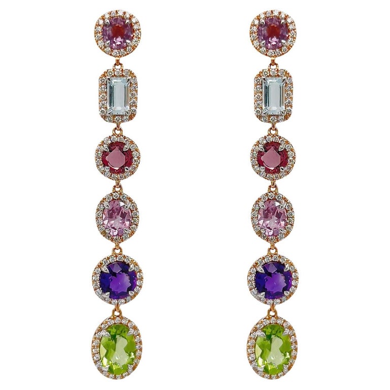 Mixed Gemstone Earrings in 18k Rose Gold and Diamonds For Sale at 1stDibs