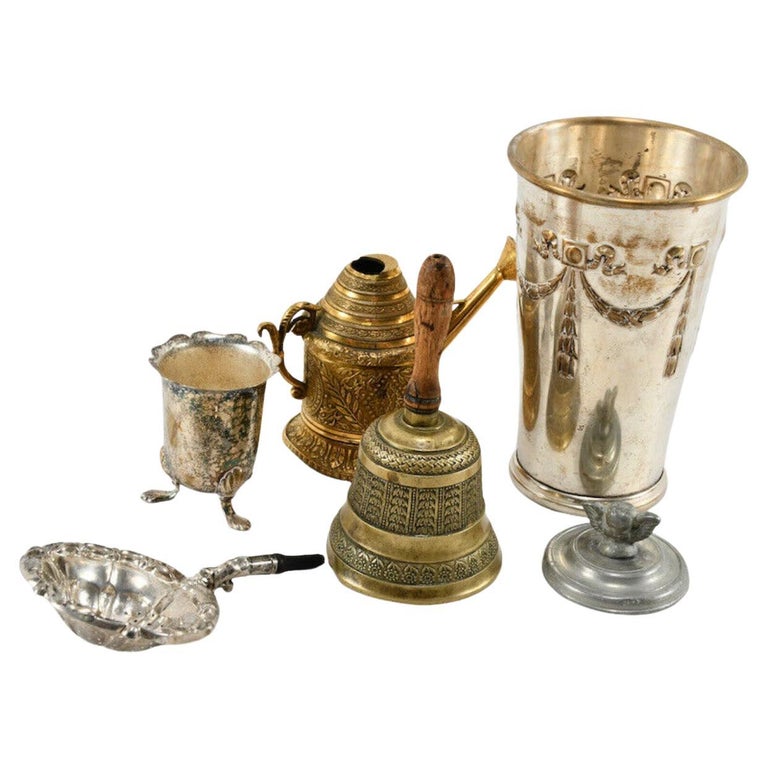 "Mixed Lot of Metal Items, Including Brass Hand Bell 19th Century 1H88 ...