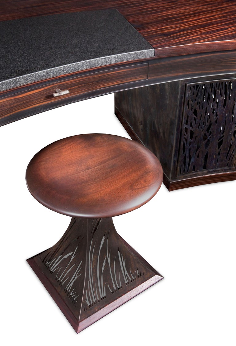 Mixed-Media Crescent Shaped Desk in Macassar Ebony and Blackened Steel ...