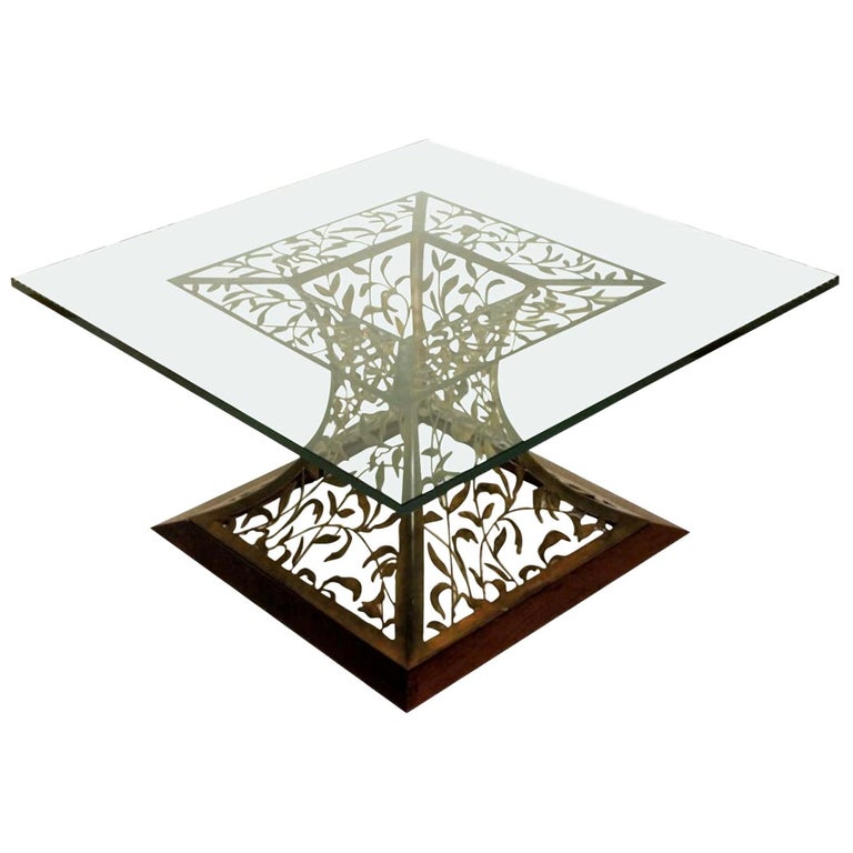 Mixed-Media Filigree Cocktail Table in Blackened Steel and Beveled Edge ...