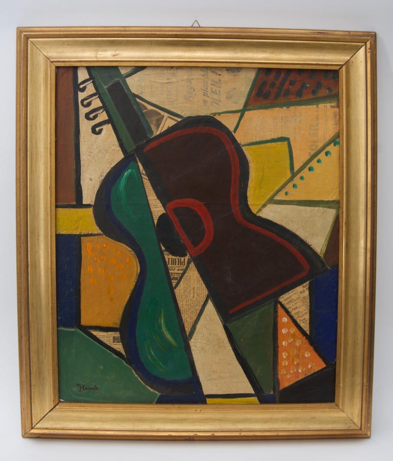 Mixed Medium on Board Cubist Painting of a Guitar at 1stDibs