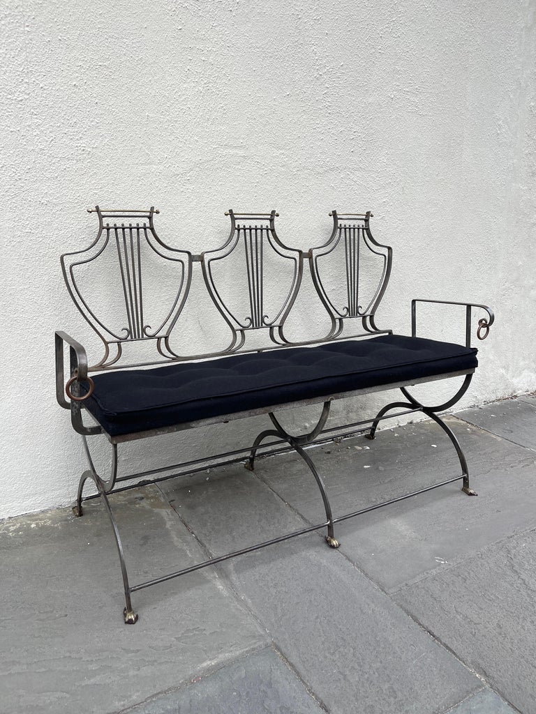 Mixed Metal Brass and Iron Bench with Tufted Seat Bottom For Sale at ...