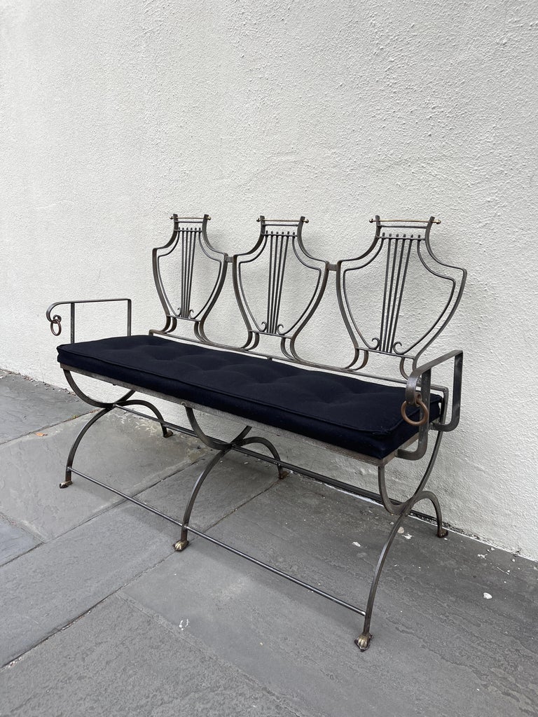 Mixed Metal Brass and Iron Bench with Tufted Seat Bottom For Sale at ...